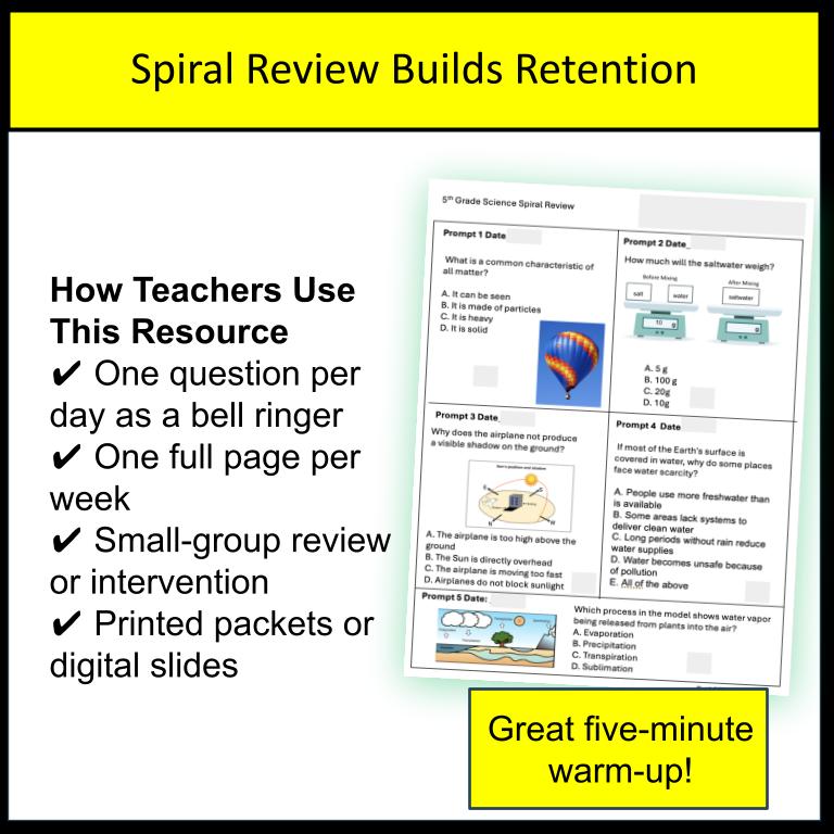 5th Grade Science Spiral Review Warm-Ups M-STEP Test Prep