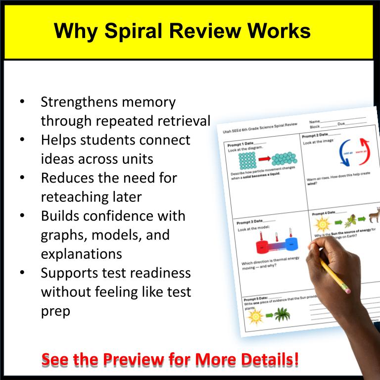 6th Grade Science Spiral Review Utah SEEd Test Prep